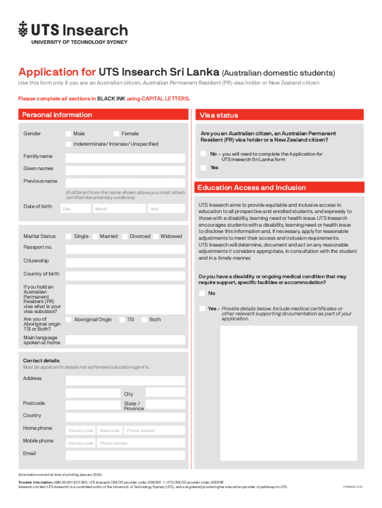 Fillable Online Application for UTS Insearch Sri Lanka (Australian ...