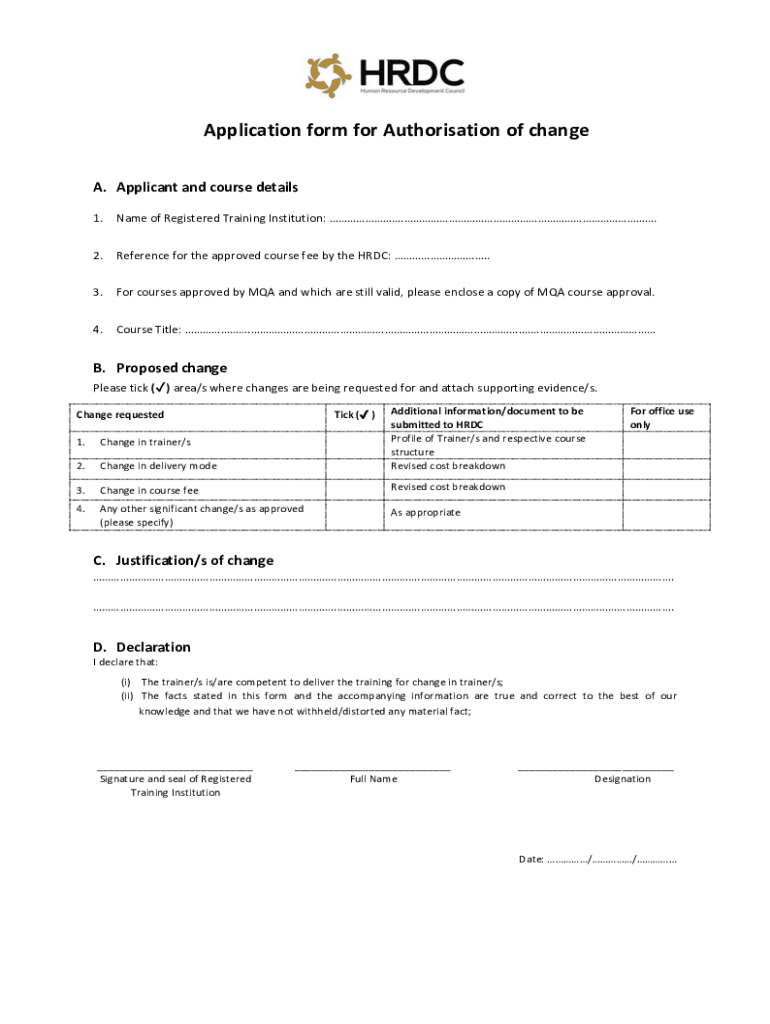 Fillable Online Application form for Authorisation of change - HRDC RTI ...