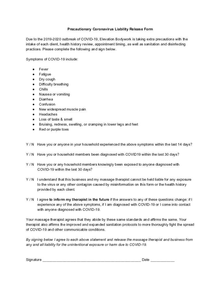 Fillable Online Precautionary Coronavirus Liability Release Form ...