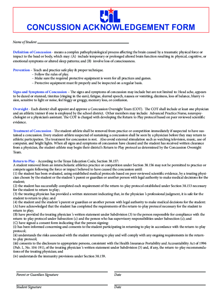 Fillable Online ACKNOWLEDGEMENT OF RULES, CONCUSSION ACKNOWLEDGEMENT FORM ... Fax Email Print ...