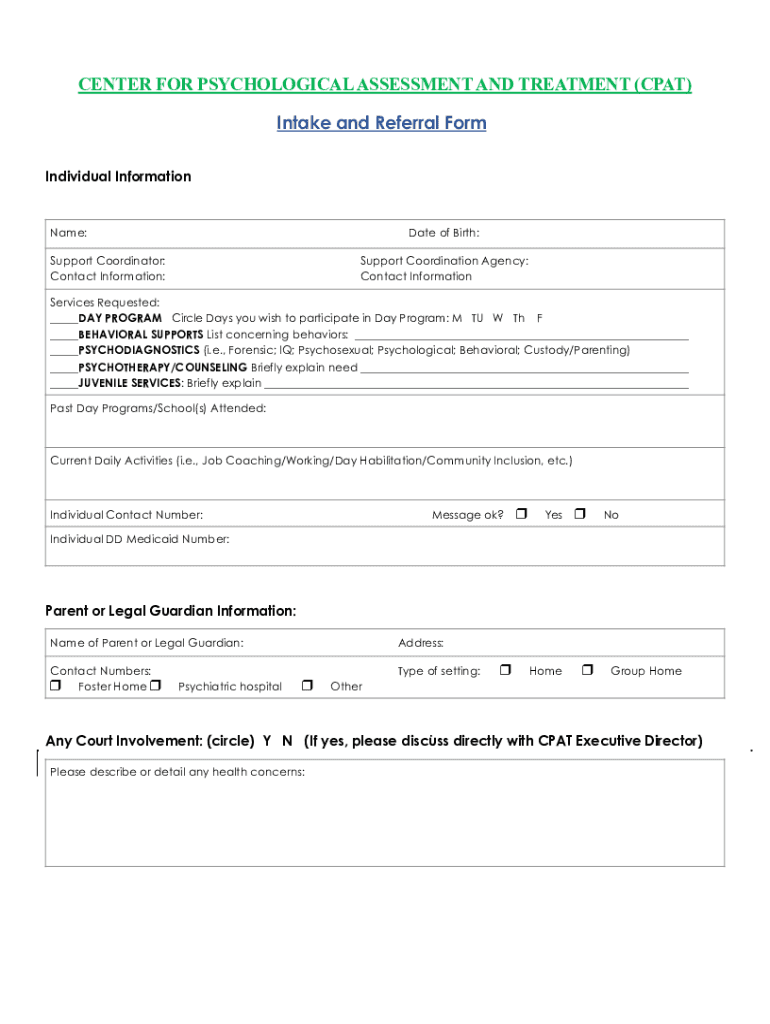 Fillable Online REFERRAL FORM CPAT - Center for Psychological ...
