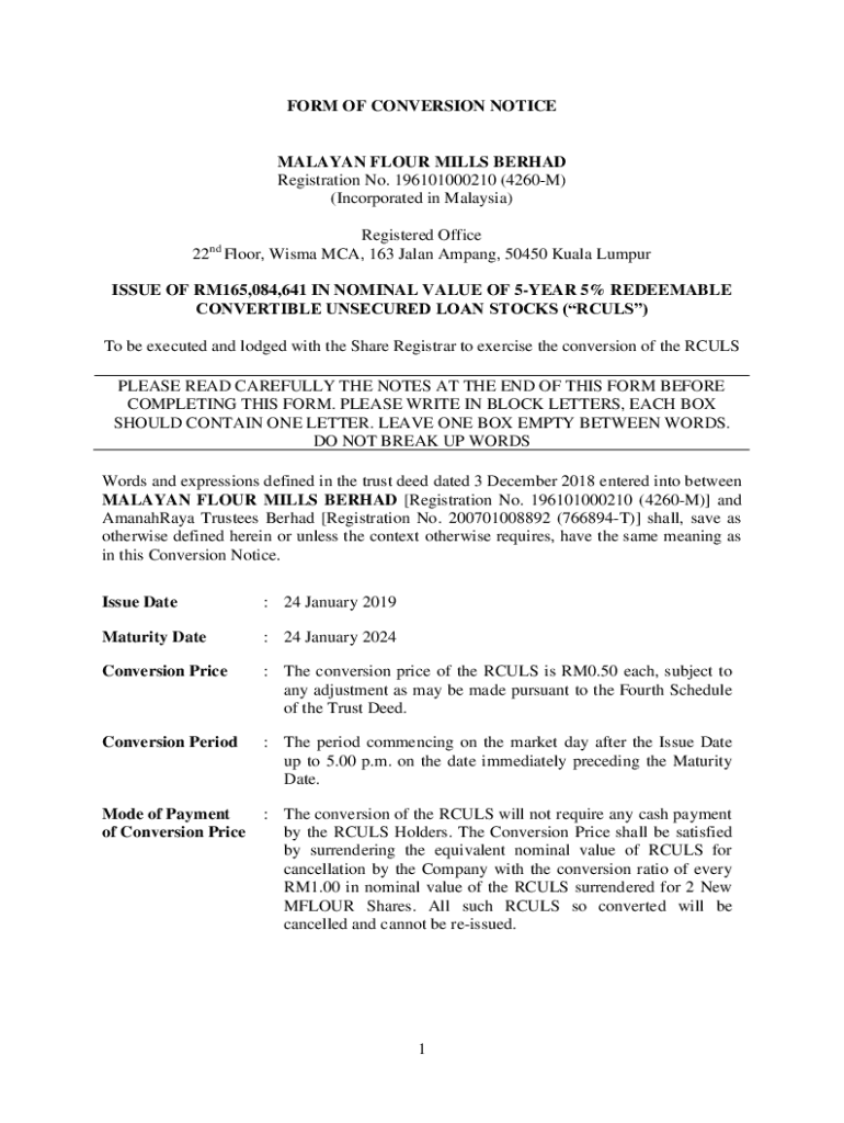Fillable Online FORM OF CONVERSION NOTICE MALAYAN FLOUR MILLS BERHAD ...