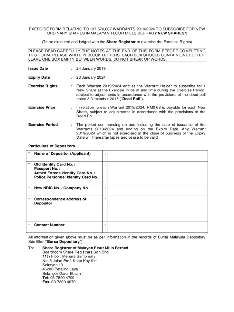 Fillable Online EXHIBIT B FORM OF EXERCISE NOTICE TO BE COMPLETED BY ...