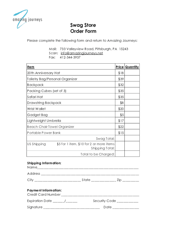Fillable Online AJ Swag Order Form - Amazing Journeys Fax Email Print ...