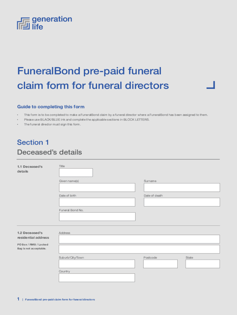 Fillable Online FuneralBond pre-paid funeral claim form for funeral ...