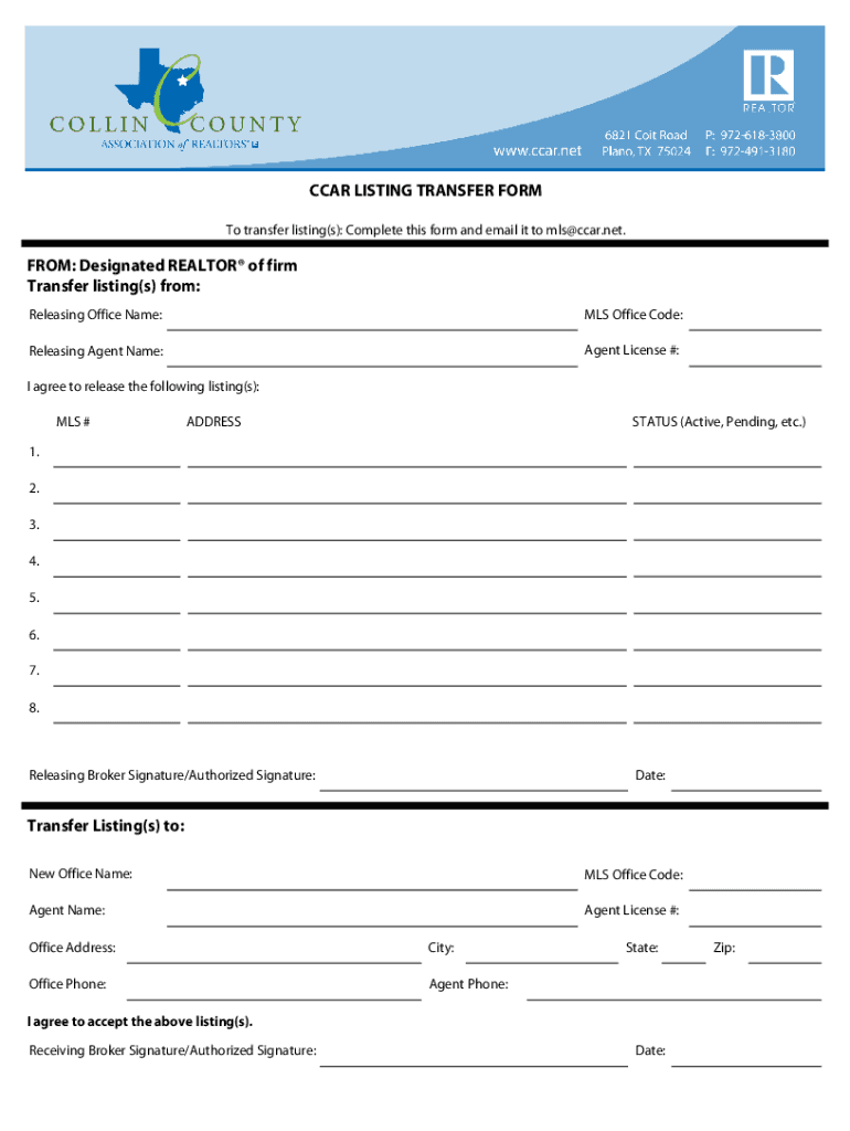 Fillable Online Fillable Online CCAR LISTING TRANSFER FORM FROM ... Fax ...
