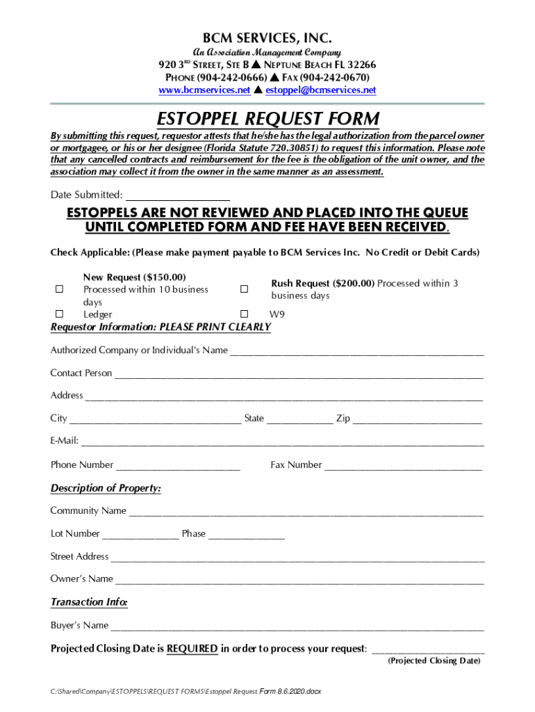 Fillable Online Estoppel Request Form - BCM Services - Bcmservices ...