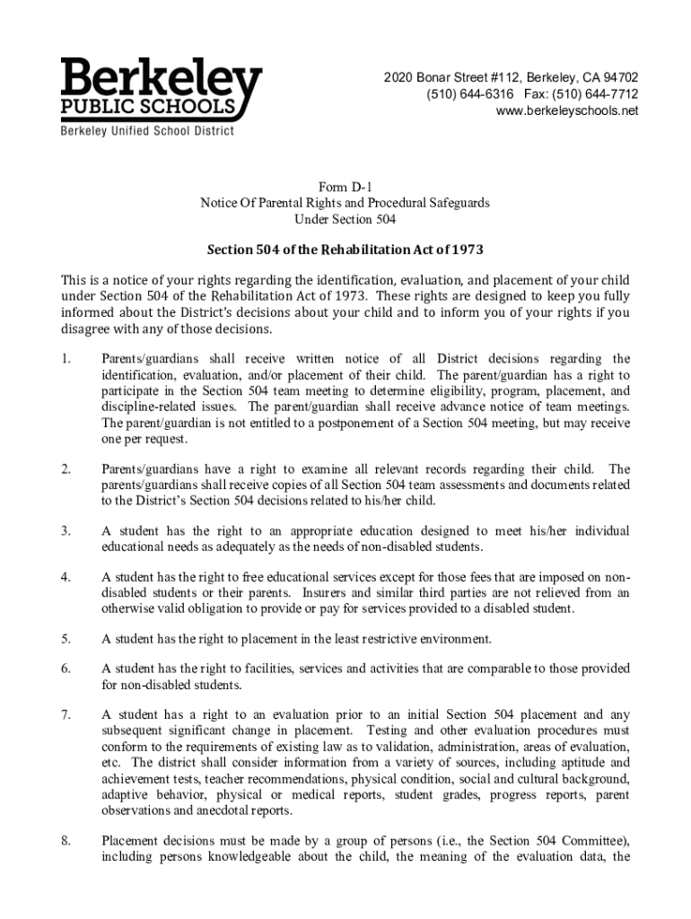 Fillable Online Procedural Safeguards Sec 504 Form D1 2020 .doc Fax ...