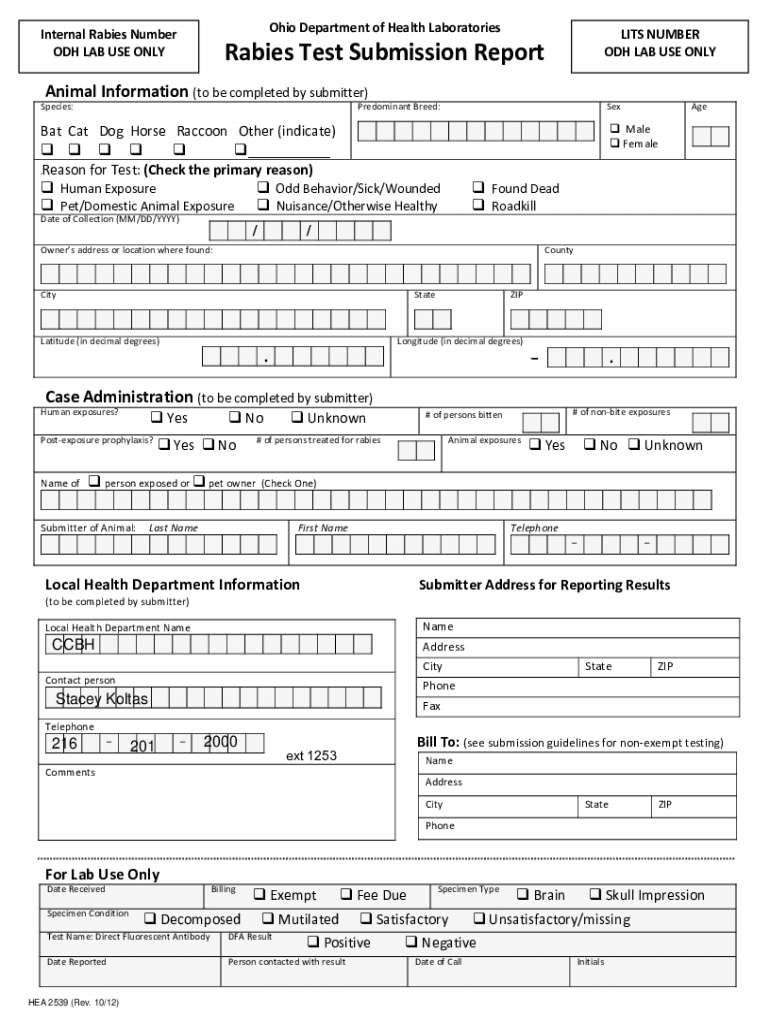 Fillable Online Form: ODH Laboratory Rabies Test Submission Fax Email ...