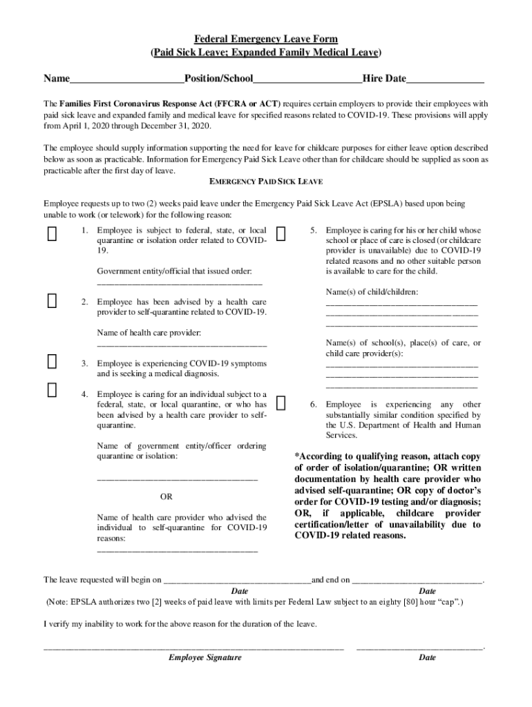 Fillable Online www2 clarkschools Federal Emergency Leave Form (Paid ...