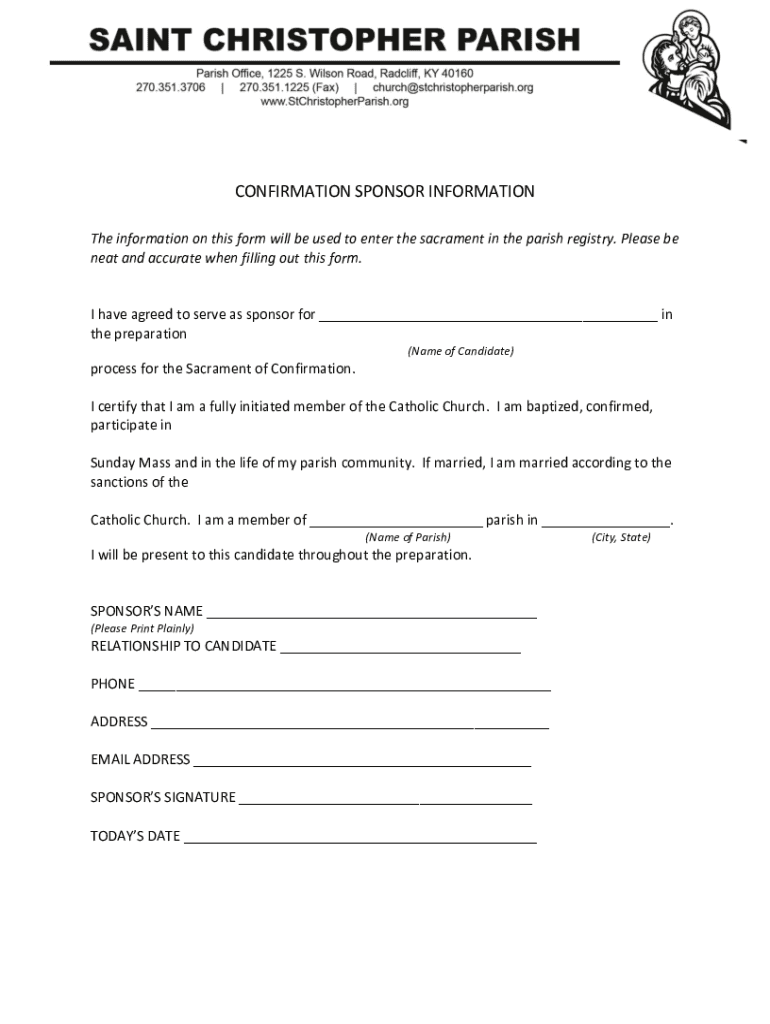 Fillable Online Role of the Confirmation SponsorCatholic Diocese of ...