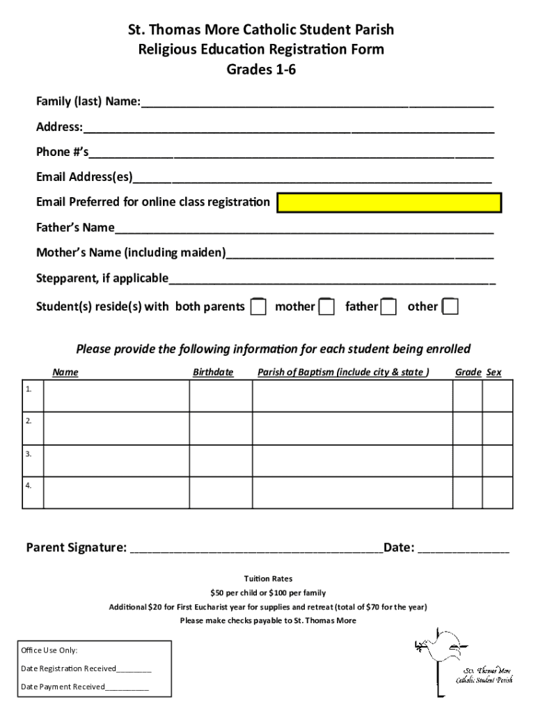 Fillable Online St. Thomas More Catholic Student Parish Religious Education ... Fax Email Print ...
