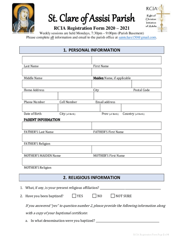 Fillable Online RCIA Registration Form 2020 2021 Fax Email Print ...