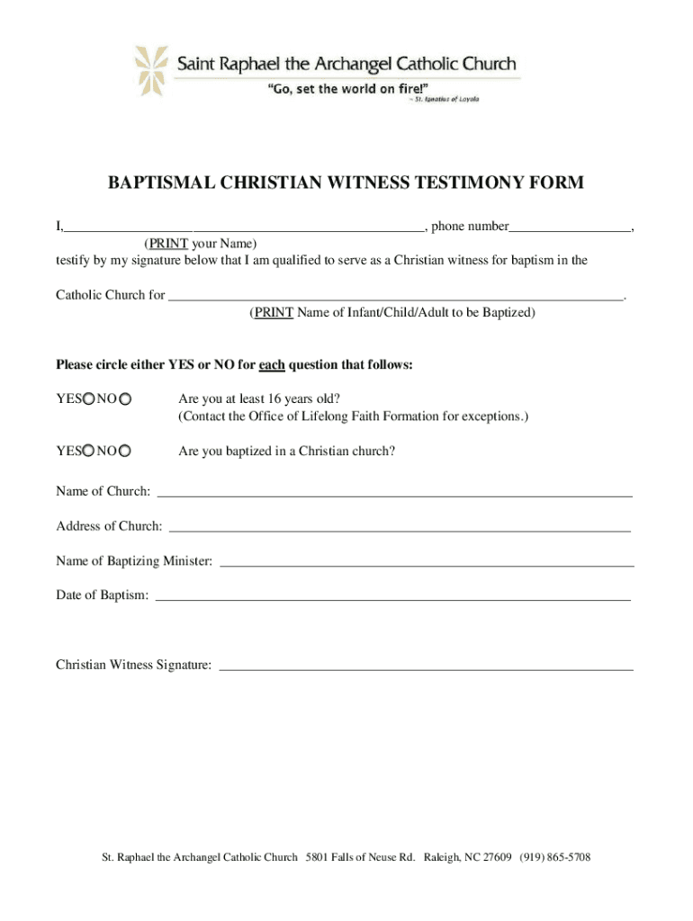 Fillable Online BAPTISMAL CHRISTIAN WITNESS TESTIMONY FORM NAME OF ...
