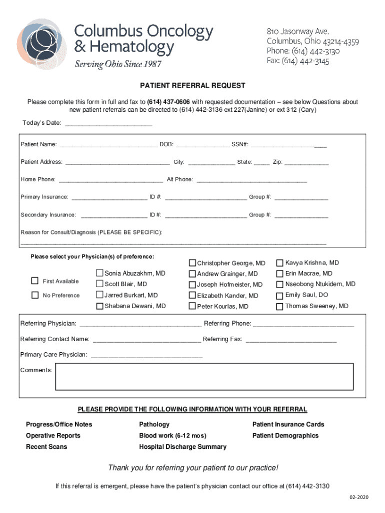 Fillable Online PATIENT REFERRAL REQUEST - Columbus Oncology Fax Email ...