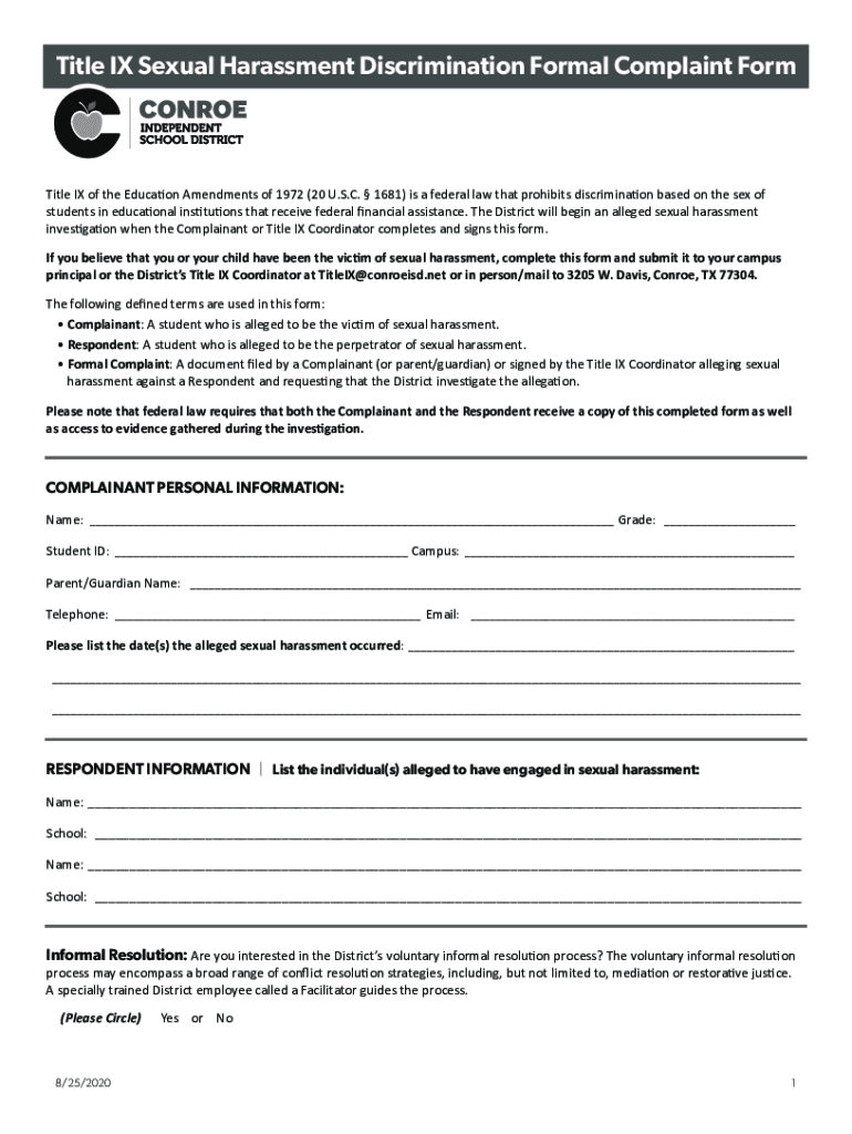 Fillable Online Title IX Sexual Harassment Discrimination Formal Complaint Form Fax Email Print ...