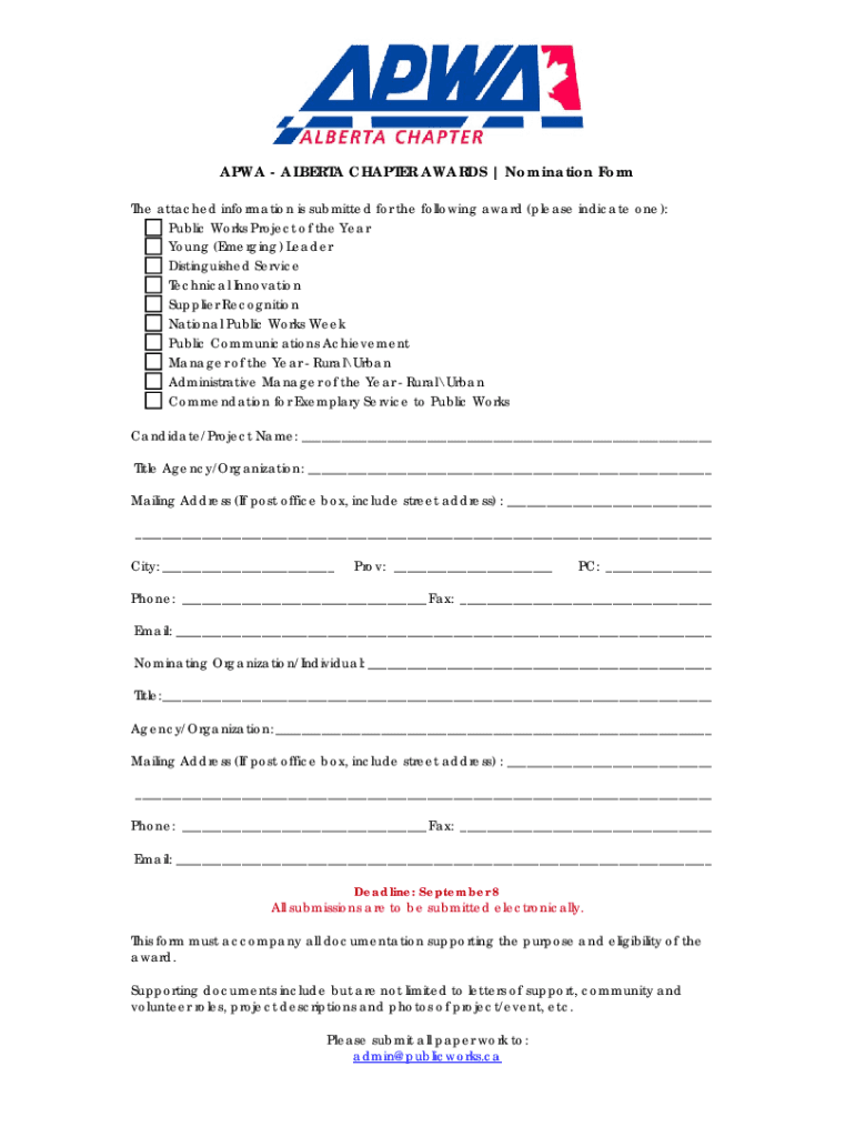 Fillable Online APWA Awards Nomination Form Fax Email Print - pdfFiller