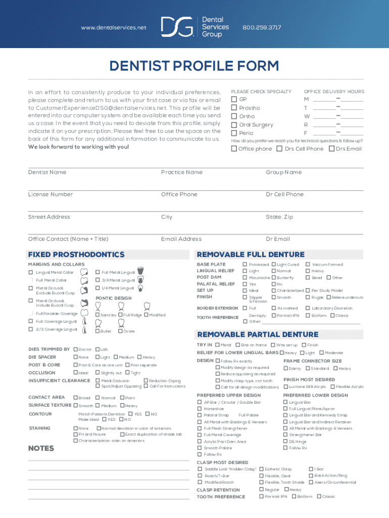 Fillable Online Dentist Profile Form Generic - Dental Services Group Fax Email Print - pdfFiller