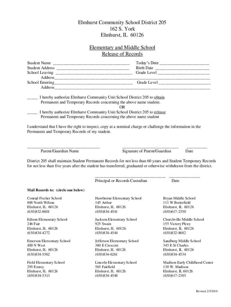 Fillable Online Forms - Elmhurst Community Unit School District 205 Fax ...