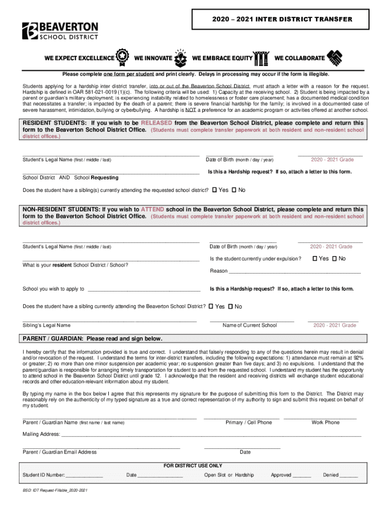 Fillable Online 2020-2021 INTER-DISTRICT TRANSFER REQUEST FOR NON ...