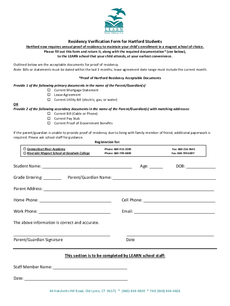 Fillable Online Residency Verification Form for Hartford Students Fax Email Print - pdfFiller