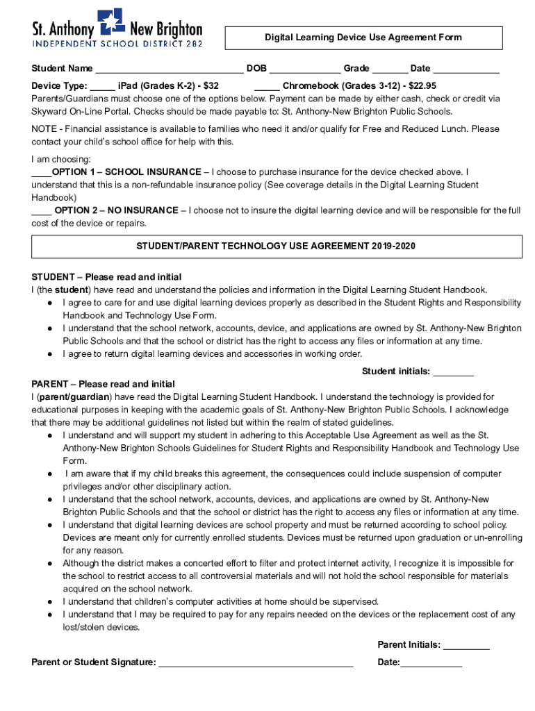 Fillable Online Digital Learning Device Use Agreement Form Fax Email ...