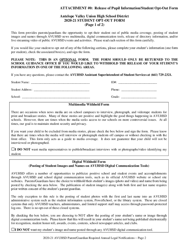 Fillable Online ATTACHMENT #0: Release of Pupil Information/Student Opt-Out ... Fax Email Print ...