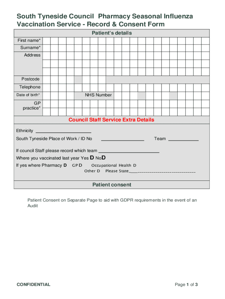 Fillable Online South Tyneside Council Pharmacy Seasonal Influenza ... Fax Email Print - pdfFiller