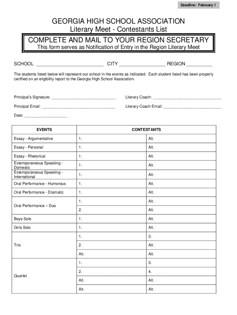 Fillable Online GEORGIA HIGH SCHOOL ASSOCIATION Literary Meet - GHSA ...
