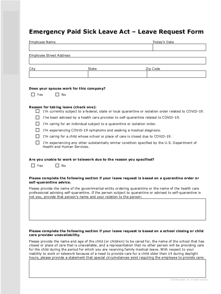 Fillable Online Emergency Paid Sick Leave Act Leave Request Form Fax ...