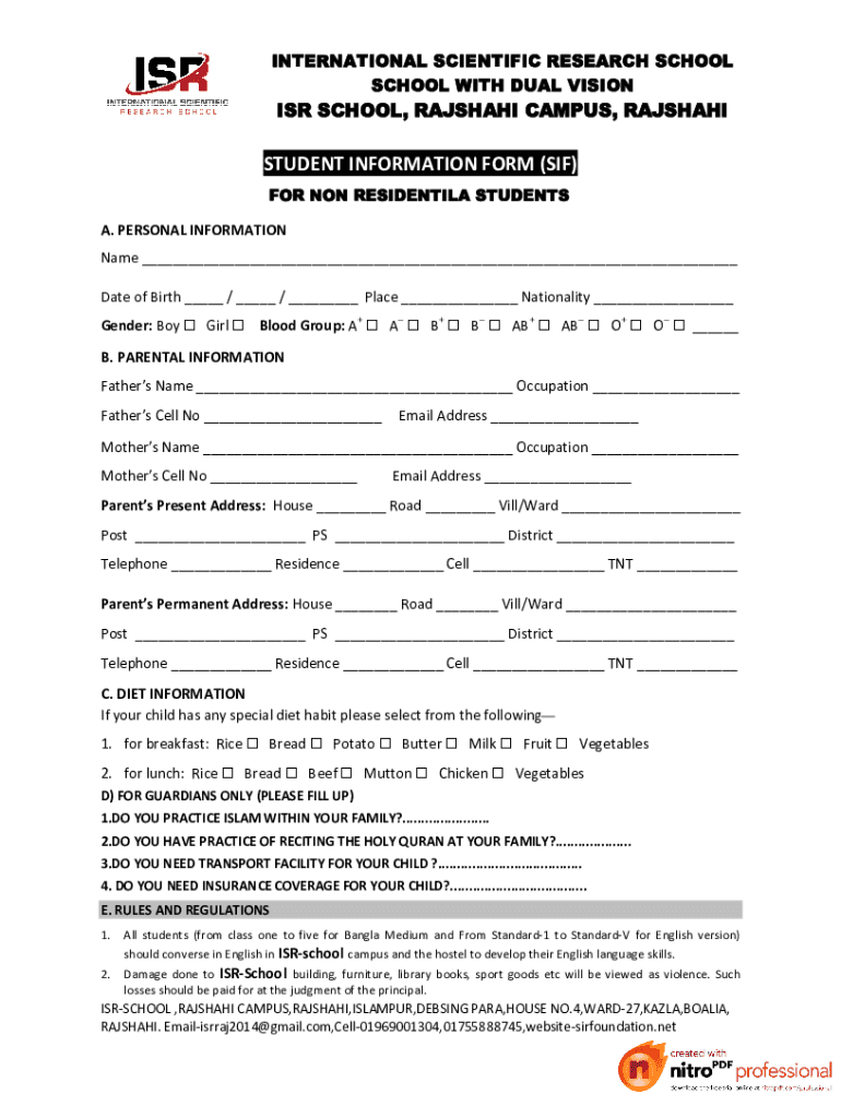 Fillable Online STUDENT INFORMATION FORM (SIF) MM,MM,NOSREANFOR NON ...