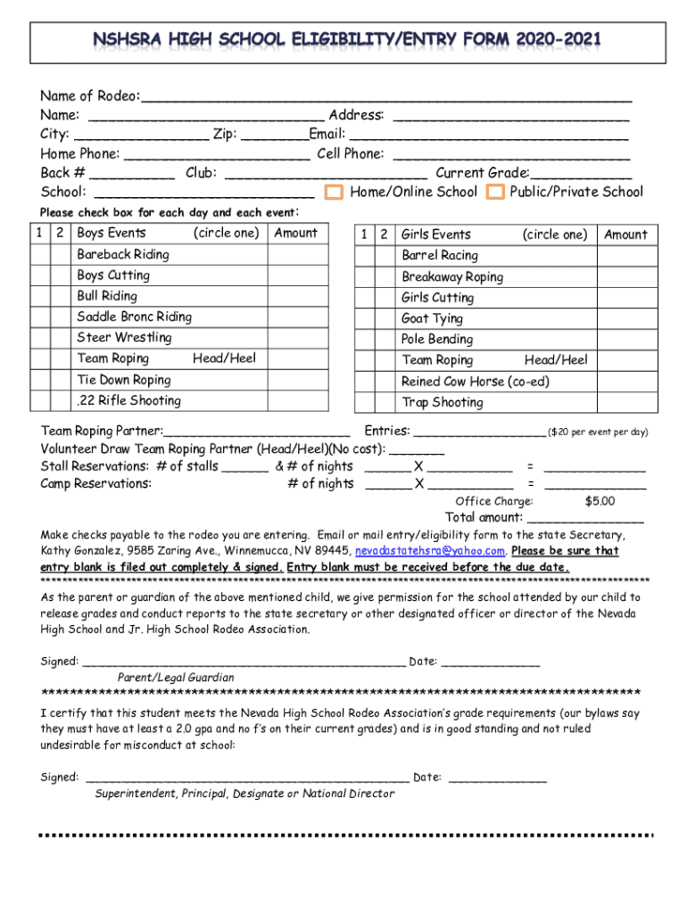 Fillable Online NEVADA STATE HIGH SCHOOL RODEO ASSOCIATION STATE FINALS ...