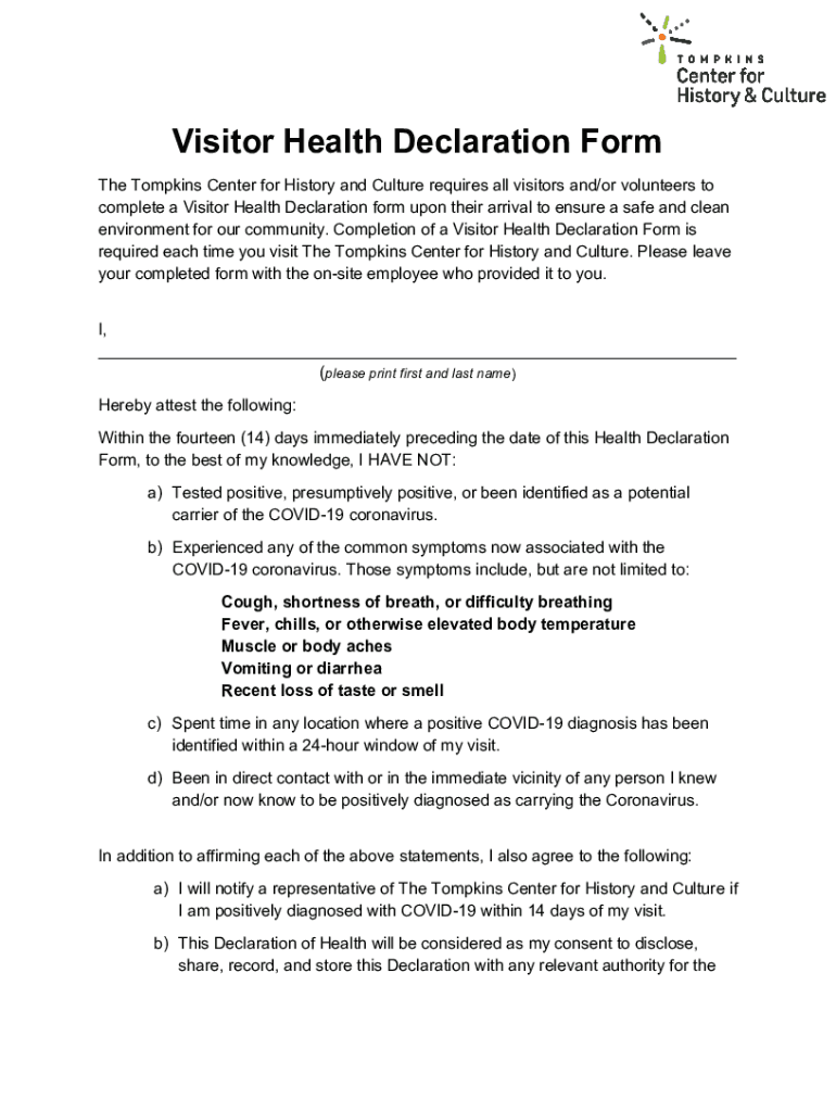 Fillable Online Visitor Health Declaration Form - thehistorycenter.net ...