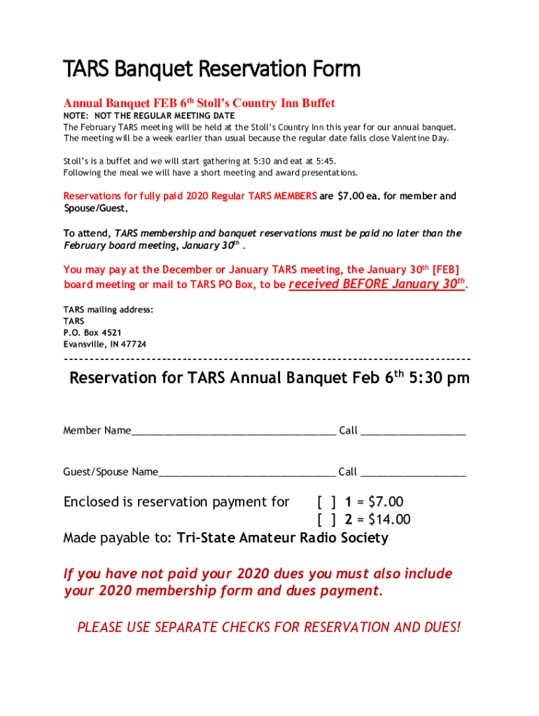 Fillable Online TARS Banquet Reservation Form Fax Email Print - pdfFiller