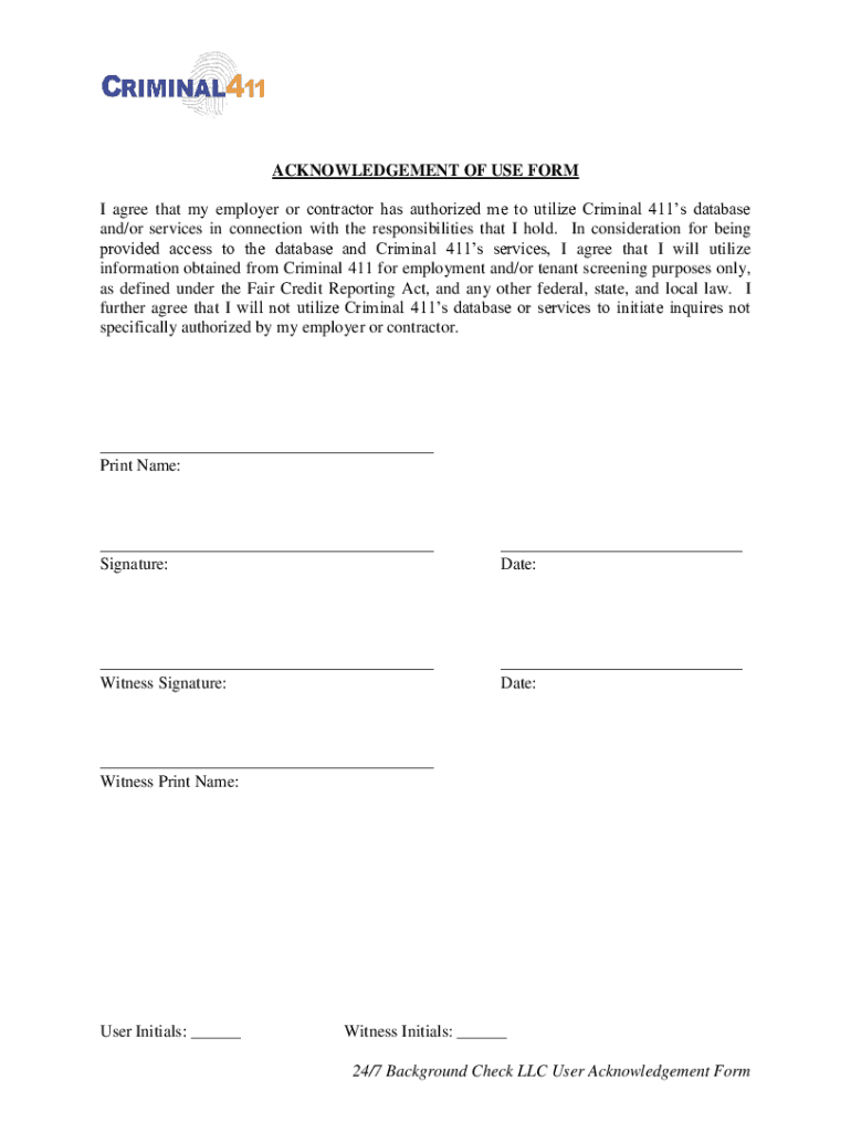 Fillable Online ACKNOWLEDGEMENT OF USE FORM - Microsoft Fax Email Print ...