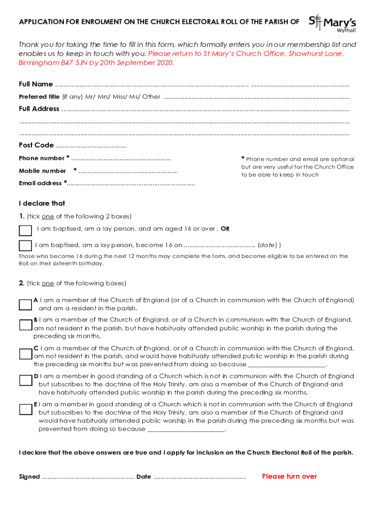 Fillable Online Application form for Church Electoral RollHoly Trinity ...
