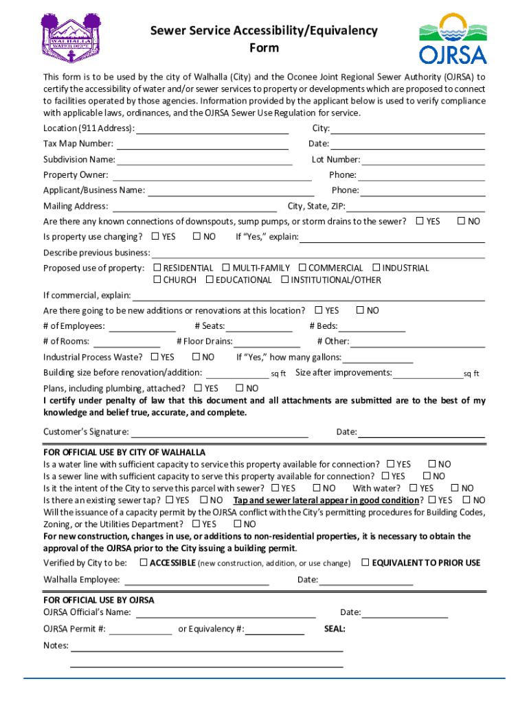 Fillable Online Sewer Service Accessibility/Equivalency Form - Walhalla ...