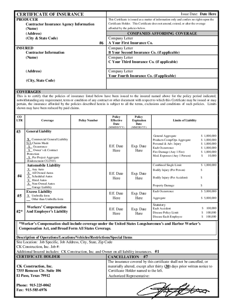Fillable Online Certificate of Insurance (COI) Definition Fax Email ...