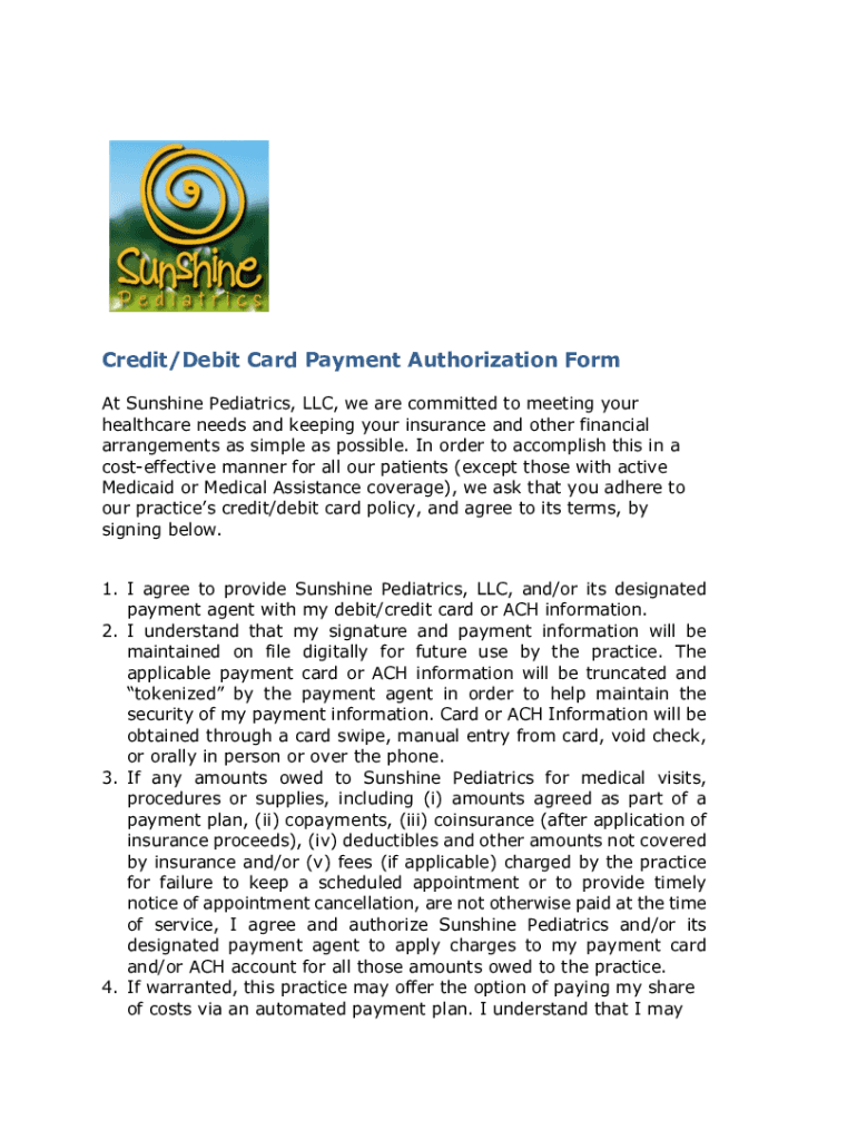Fillable Online Credit debit card payment authorization form Sunshine ...