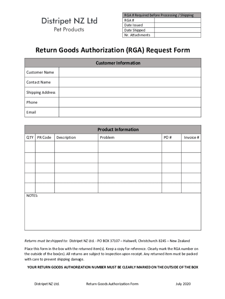 Fillable Online Return Goods Authorization (RGA) Request Form Fax Email ...