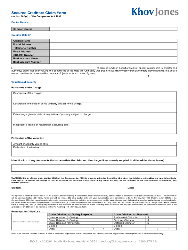 Fillable Online Secured Creditors Claim Form - Khov Jones Fax Email ...