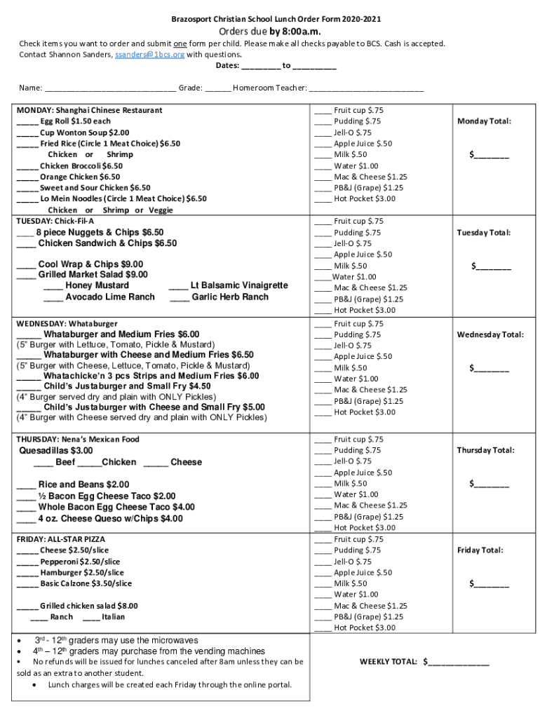 Fillable Online Brazosport Christian School Lunch Order Form 2020-2021 ...