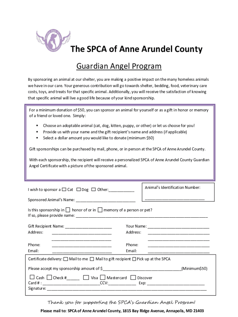 Fillable Online Guardian Angel ProgramSPCA of Anne Arundel County Fax ...