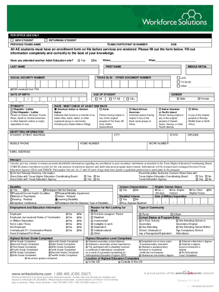 Fillable Online Adult Education Enrollment Form. Adult Education ...