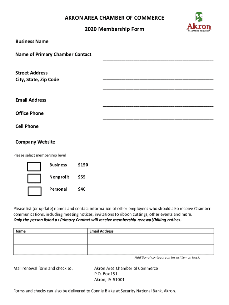 Fillable Online AKRON AREA CHAMBER OF COMMERCE 2020 Membership Form Fax ...