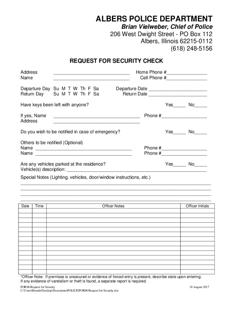 Fillable Online REQUEST FOR SECURITY CHECK - Village of Albers ...