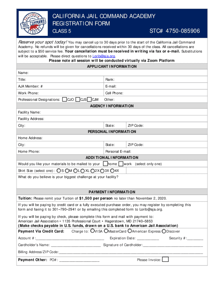 Fillable Online CALIFORNIA JAIL COMMAND ACADEMY REGISTRATION FORM CLASS ...