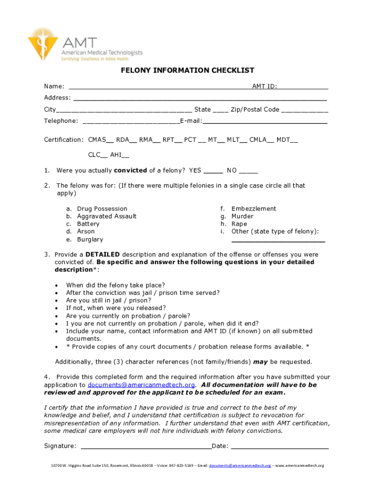 Fillable Online FELONY INFORMATION CHECKLIST - americanmedtech.org Fax ...