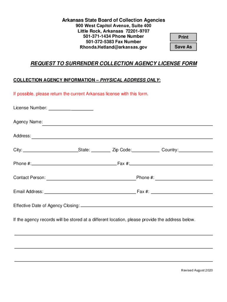 Fillable Online REQUEST TO SURRENDER COLLECTION AGENCY LICENSE FORM ...