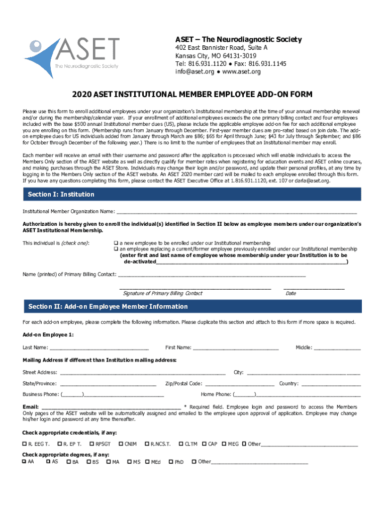 Fillable Online 20 ASET INSTITUTIONAL MEMBER EMPLOYEE ADD-ON FORM Fax Email Print - pdfFiller